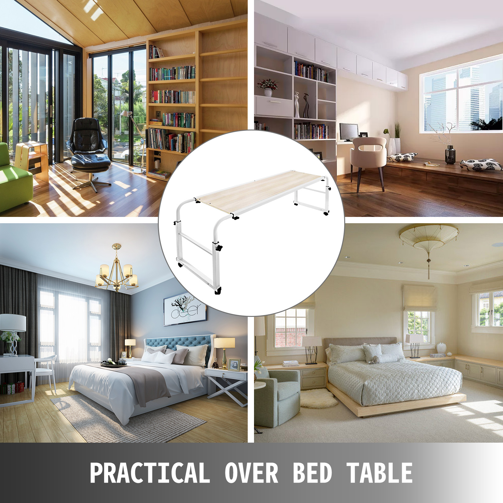 VEVOR 47 Inch Overbed Table with Wheels 1M Rolling Bed Table Mobile ...