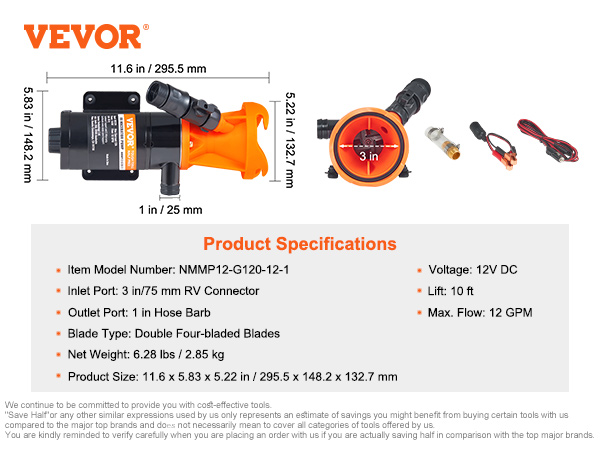 VEVOR RV Portable Macerator Pump, 12V, 12GMP Quick Release RV Waste ...