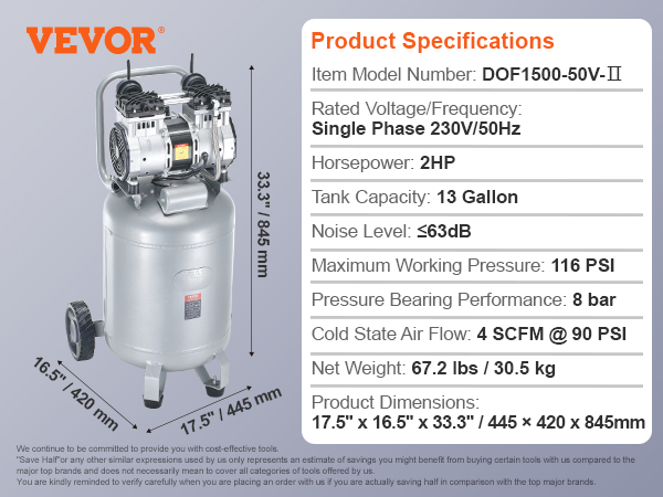 VEVOR 13 Gallon Air Compressor 2HP 4 SCFM@90PSI Oil Free Air Compressor ...