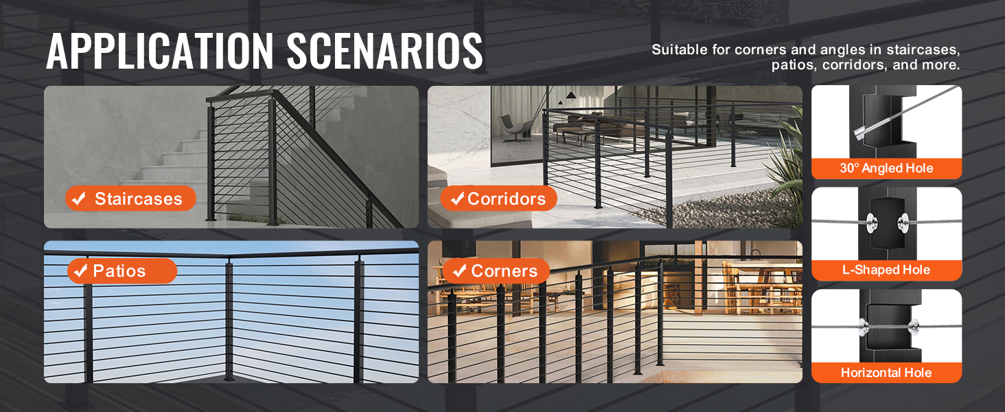 VEVOR Cable Railing Post, 42" x 2" x 2" Steel L-Shaped Hole Corner ...