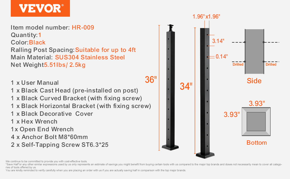 VEVOR Cable Railing Post, 36" x 2" x 2" Steel Horizontal Hole Deck ...