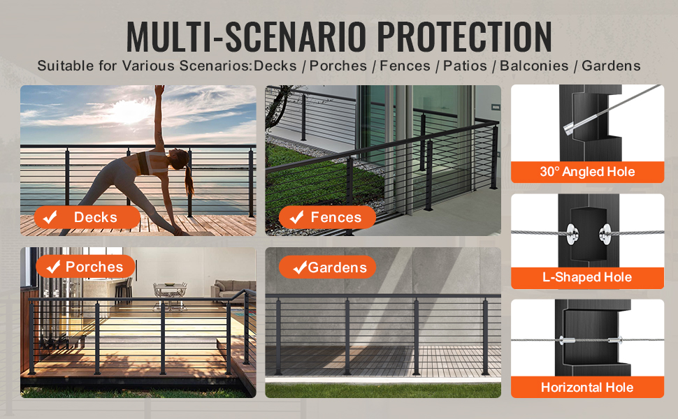 VEVOR Cable Railing Post, 36" x 2" x 2" Steel Horizontal Hole Deck ...