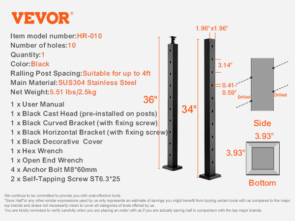 VEVOR Cable Railing Post, 36" x 2" x 2" Steel 30° Angled Hole Stair ...