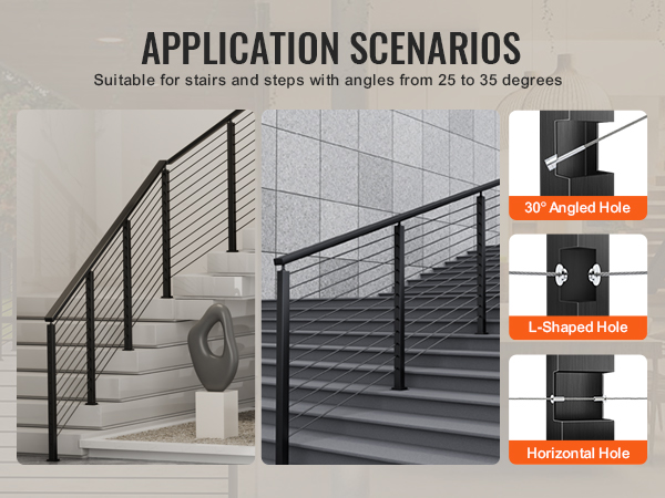 VEVOR Cable Railing Post, 36" x 2" x 2" Steel 30° Angled Hole Stair ...