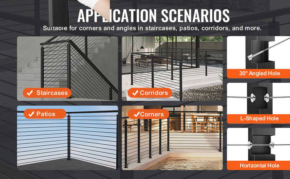 VEVOR Cable Railing Post, 36" x 2" x 2" Steel L-Shaped Hole Corner ...