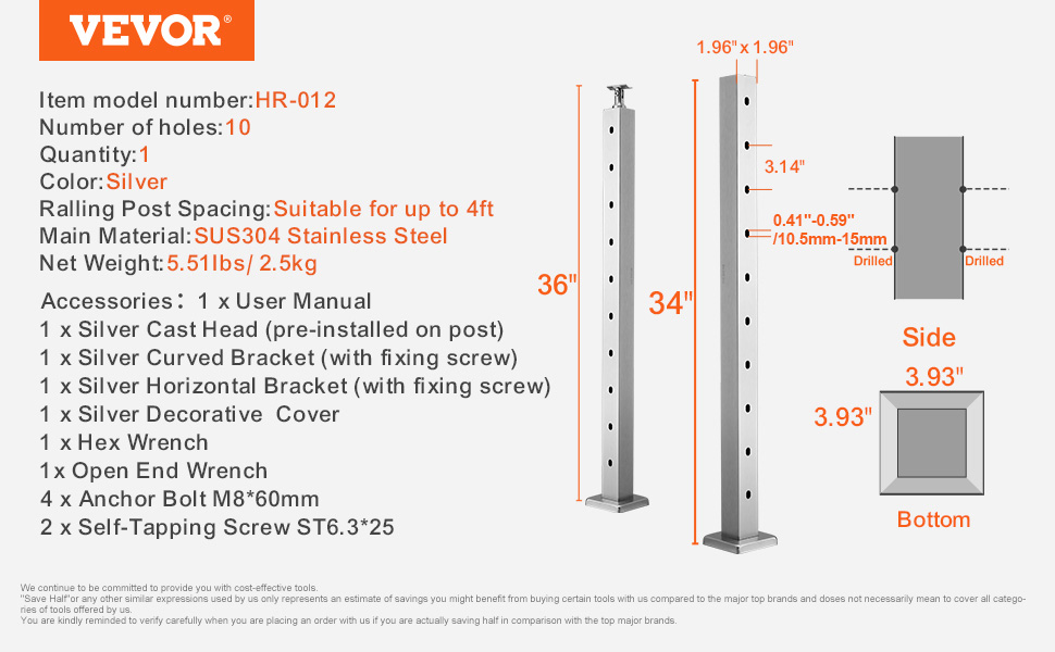VEVOR Cable Railing Post, 36" x 2" x 2" Steel Horizontal Hole Deck ...