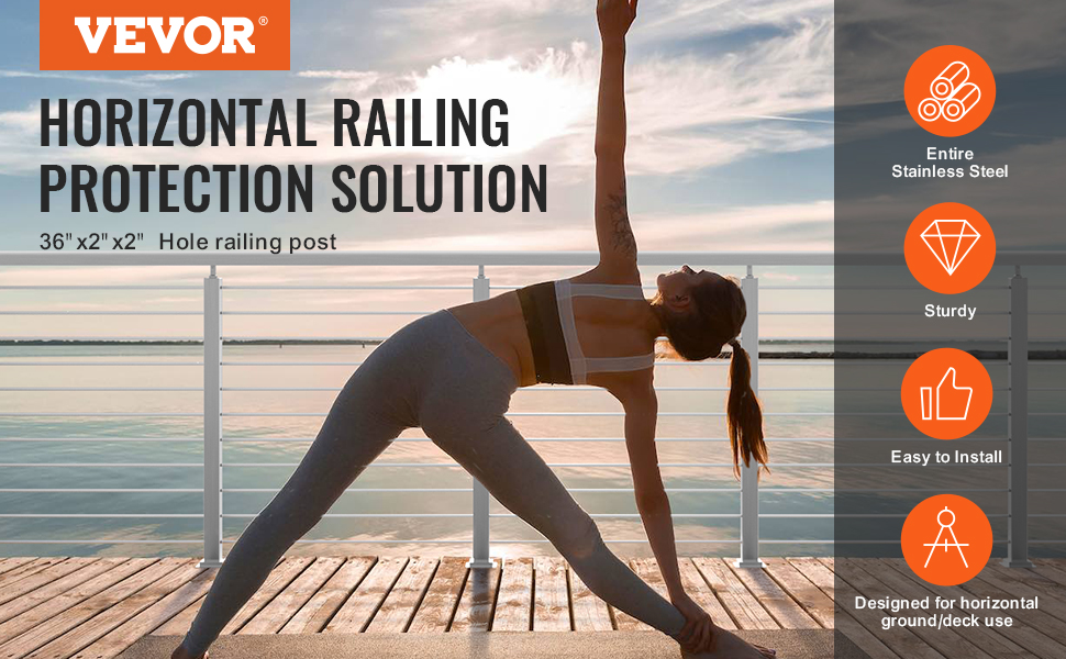 VEVOR Cable Railing Post, 36" x 2" x 2" Steel Horizontal Hole Deck ...