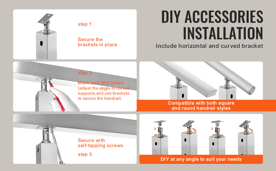 VEVOR Cable Railing Post, 36" x 2" x 2" Steel Horizontal Hole Deck ...