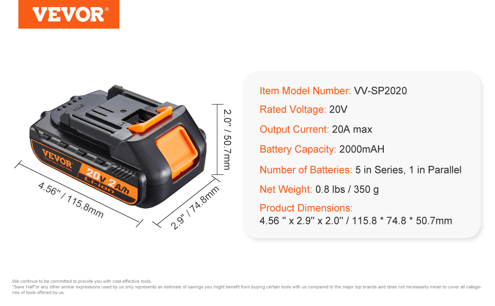 VEVOR Batterie pour Outil Sans Fil Lithium-ion 20 V 2,0 Ah Batterie de ...