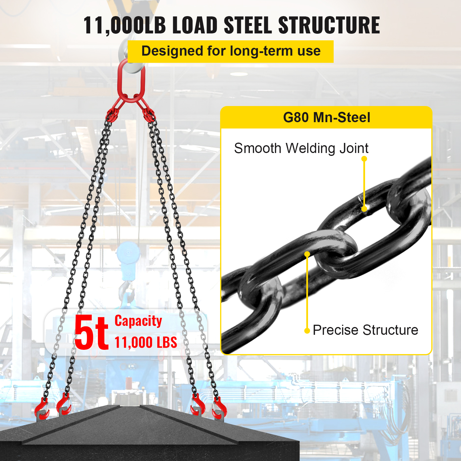 VEVOR 2m/3m/4m Lifting Chain Sling Heavy Duty w/4 Legs G80 8mm Steel ...