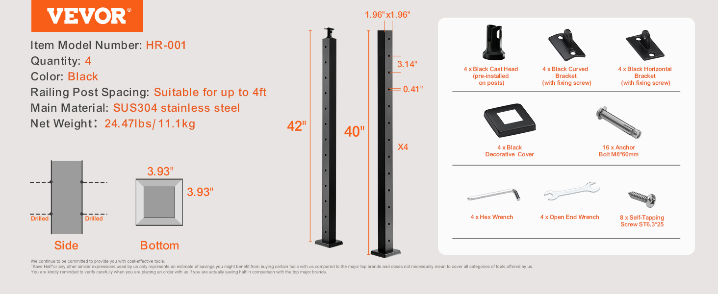 VEVOR 4-Pack Cable Railing Post, 42" x 2" x 2" Steel Horizontal Hole ...