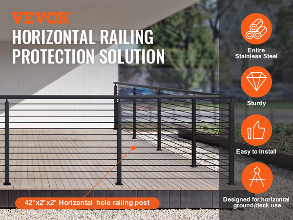 VEVOR 4-Pack Cable Railing Post, 42" x 2" x 2" Steel Horizontal Hole ...