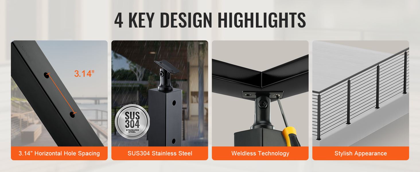 VEVOR 4-Pack Cable Railing Post, 42" x 2" x 2" Steel Horizontal Hole ...