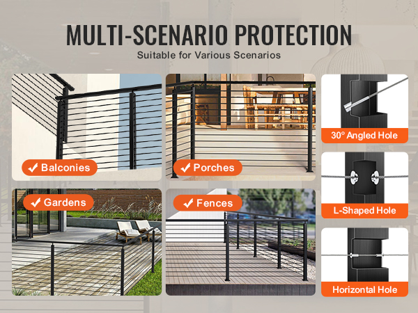 VEVOR 4-Pack Cable Railing Post, 42" x 2" x 2" Steel Horizontal Hole ...