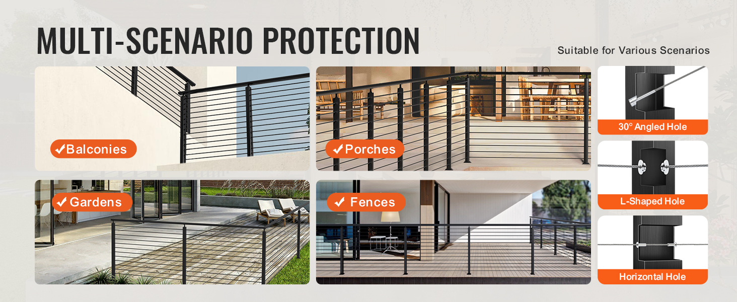 VEVOR 4-Pack Cable Railing Post, 42" x 2" x 2" Steel Horizontal Hole ...