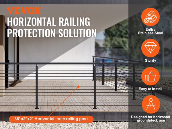 VEVOR 4-Pack Cable Railing Post, 36" x 2" x 2" Steel Horizontal Hole ...