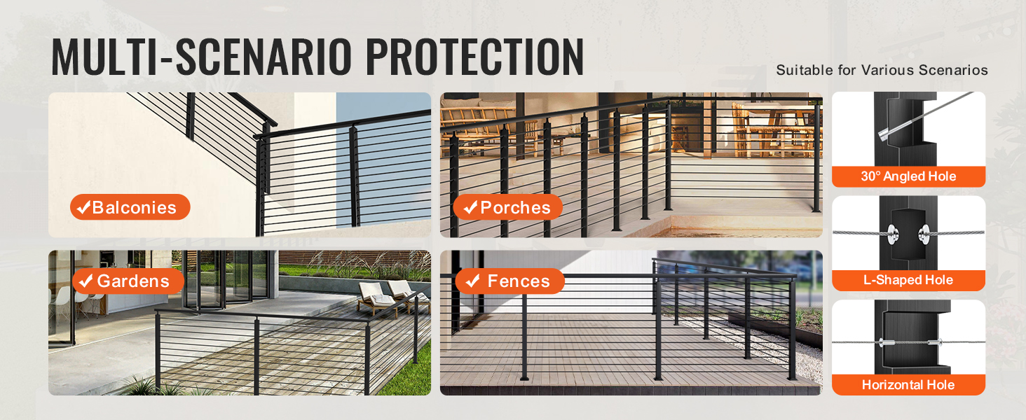 VEVOR 4-Pack Cable Railing Post, 36" x 2" x 2" Steel Horizontal Hole ...