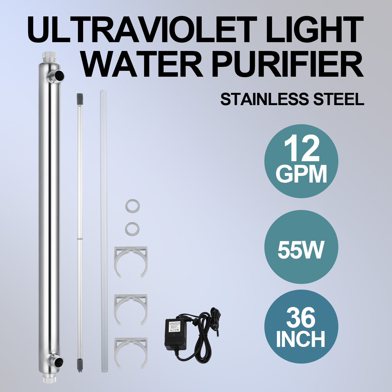 12GPM Ultraviolet Light Water Purifier Sterilizer Filter w/ Extra Bulbs ...