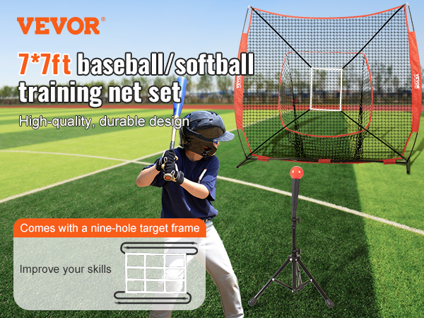 VEVOR 7x7 ft Baseball Softball Practice Net, Portable Baseball Training ...