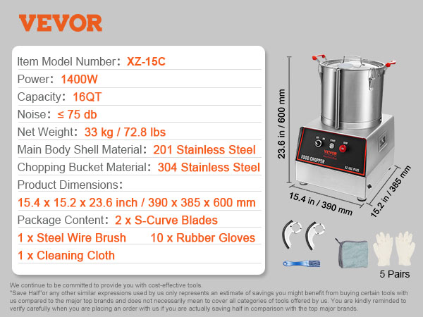 VEVOR Food Processor & Vegetable Chopper, 16 Quart, 1400W Food-Grade ...