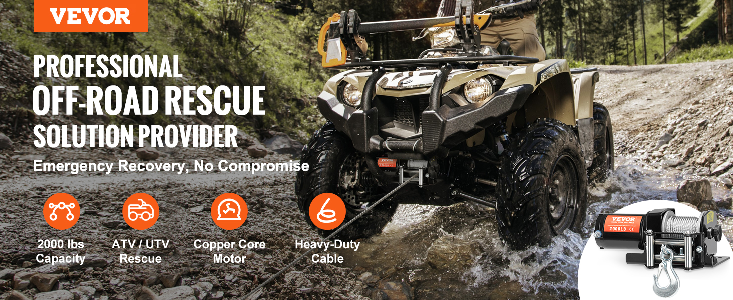 VEVOR elektrisk spil ATV UTV 2000 lb stålkabel IP 55 vandtæt kablet ...