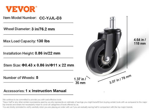 VEVOR Office Chair Wheels, Set of 5, 3 inch Caster Wheels Replacement ...