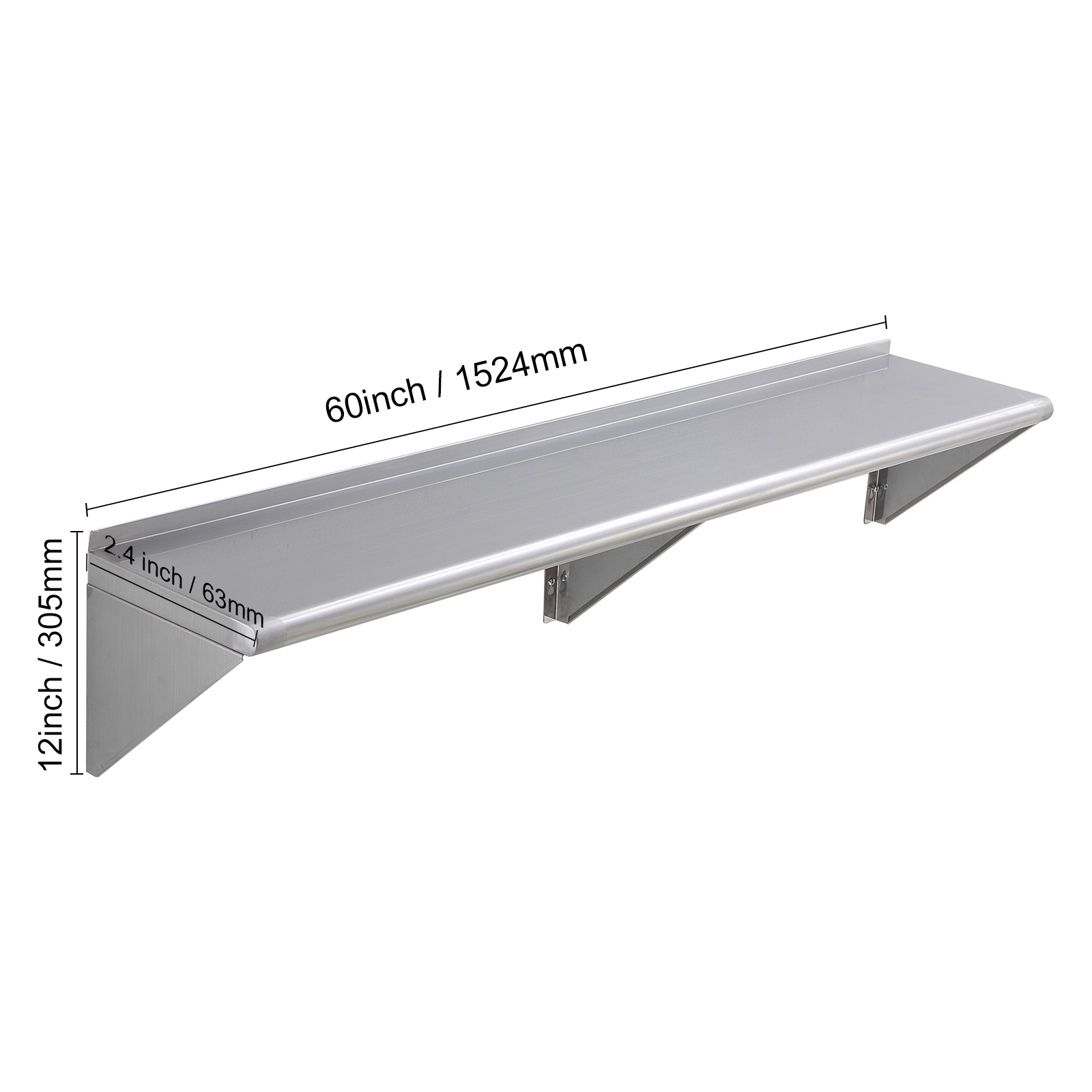 VEVOR 12" x 60" Stainless Steel Shelf, Wall Mounted Floating Shelving ...