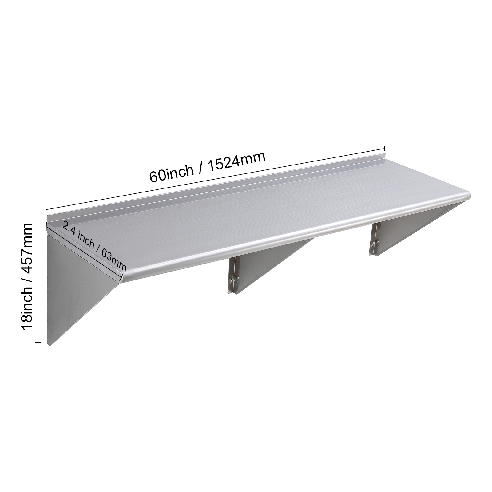VEVOR 18" x 60" Stainless Steel Shelf, Wall Mounted Floating Shelving ...