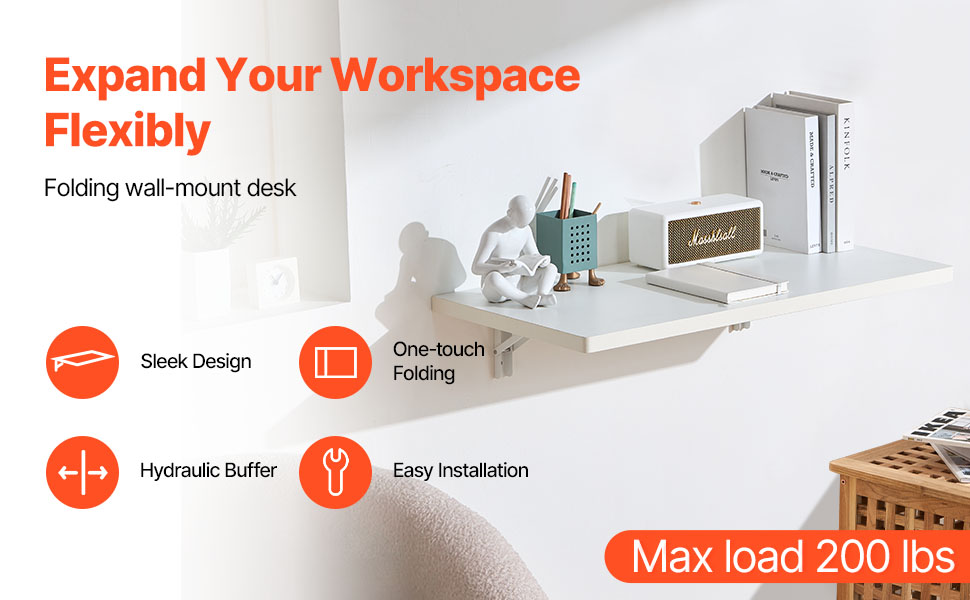 VEVOR Wall Mounted Folding Table, 1200 x 500 mm Wall Mount Drop Leaf ...