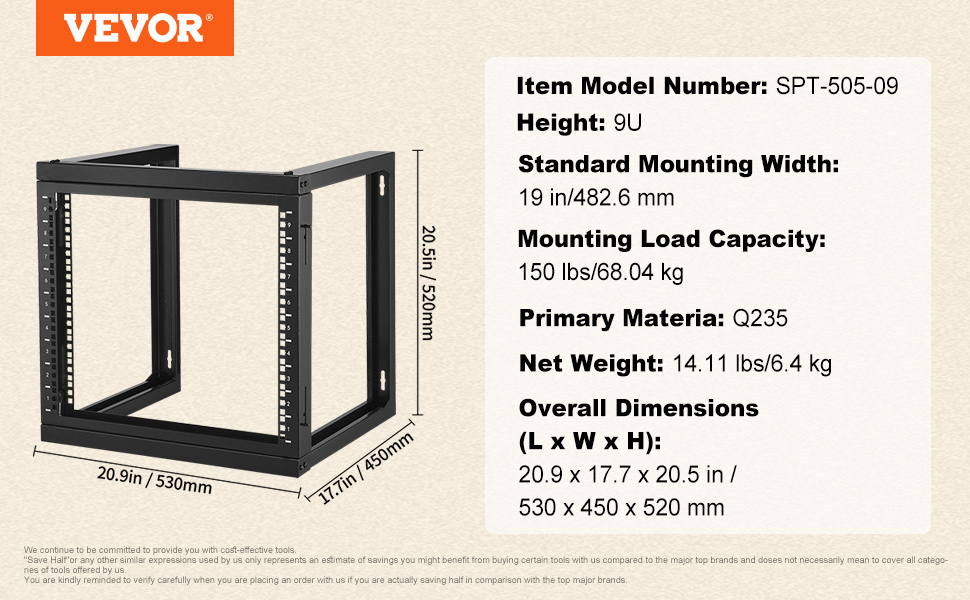 VEVOR 9U Wall Mount Rack 150 lbs/68.04 kg Open Frame Server Network ...