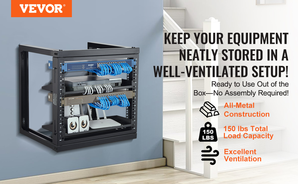 VEVOR 9U Wall Mount Rack 150 lbs/68.04 kg Open Frame Server Network ...