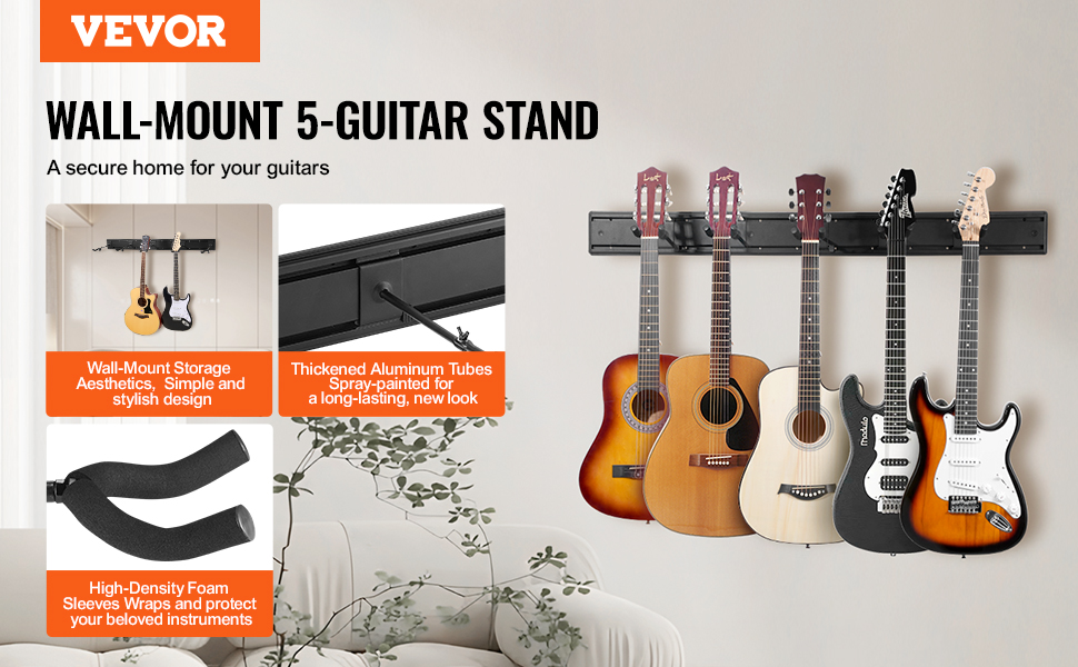 VEVOR 5-Space Guitar Stand Wall-Mounted Foldable Rack Hold Up to 5 ...