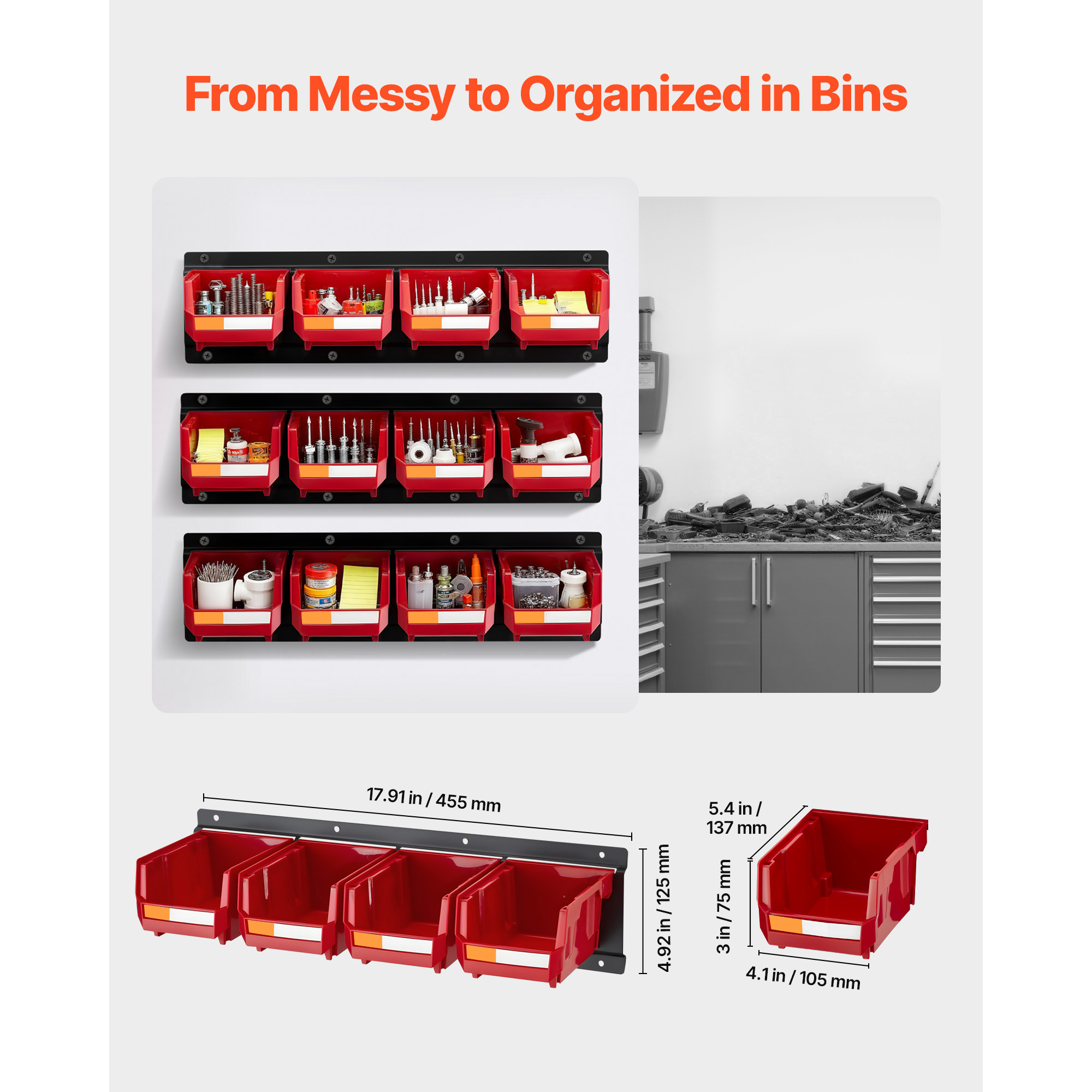 Mophorn Wall-Mounted Storage System with 12 Plastic Bins and 3 Metal ...