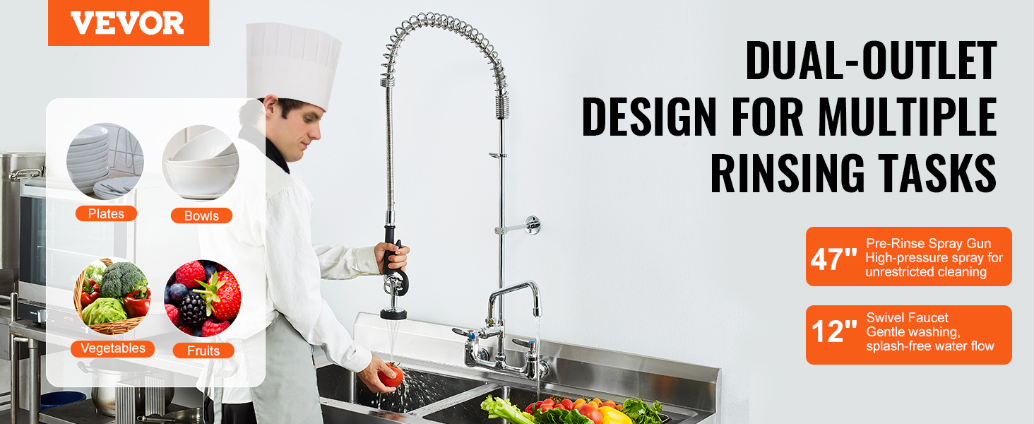 VEVOR Commercial Faucet with Pre-Rinse Sprayer, 47" Height, 8" Center ...
