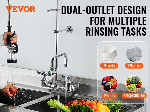 VEVOR Commercial Faucet with Pre-Rinse Sprayer, 44" Height, 8" Center ...