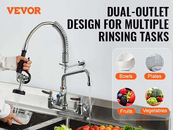 VEVOR Commercial Faucet with Pre-Rinse Sprayer, 21" Height, 8" Center ...