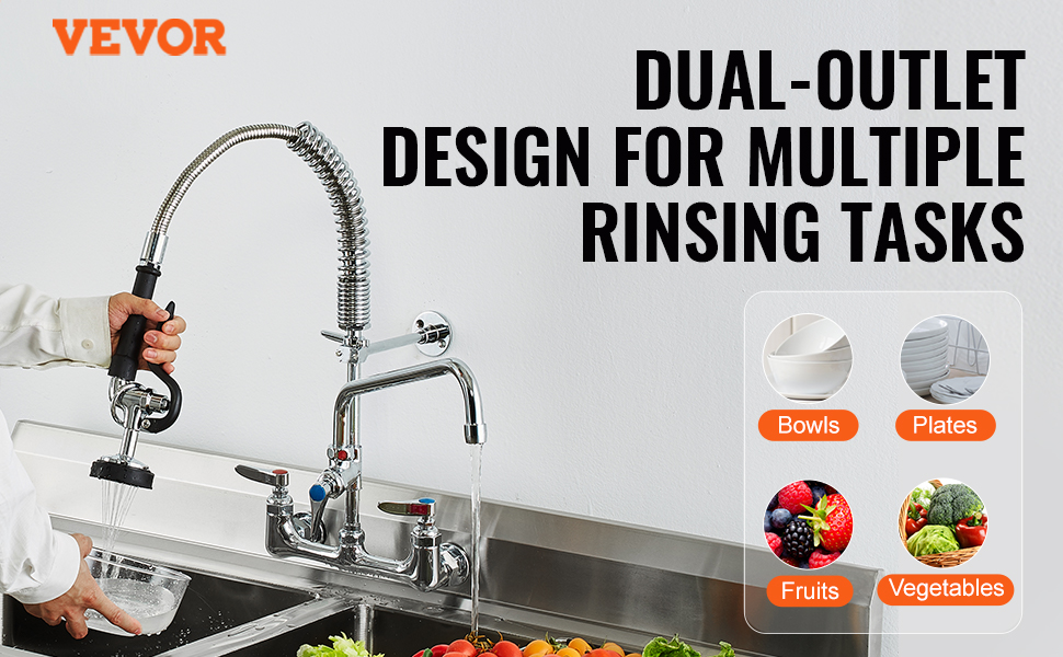 VEVOR Commercial Faucet with Pre-Rinse Sprayer, 21" Height, 8" Center ...