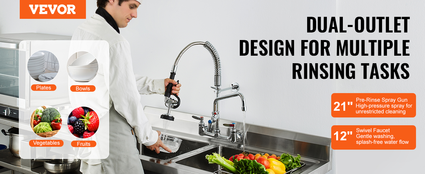 Mophorn Commercial Faucet with Pre-Rinse Sprayer, 21" Height, 8" Center ...