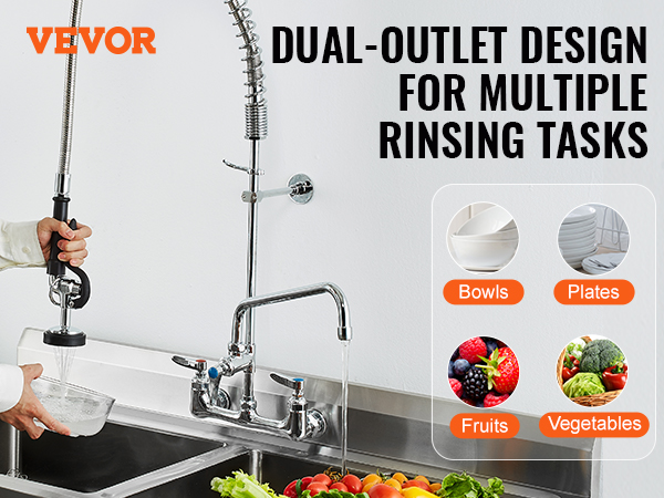 VEVOR Commercial Faucet with Pre-Rinse Sprayer, 36" Height, 8" Center ...
