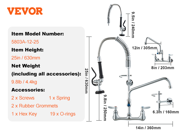 VEVOR Commercial Faucet with Pre-Rinse Sprayer, 25" Height, 8" Center ...