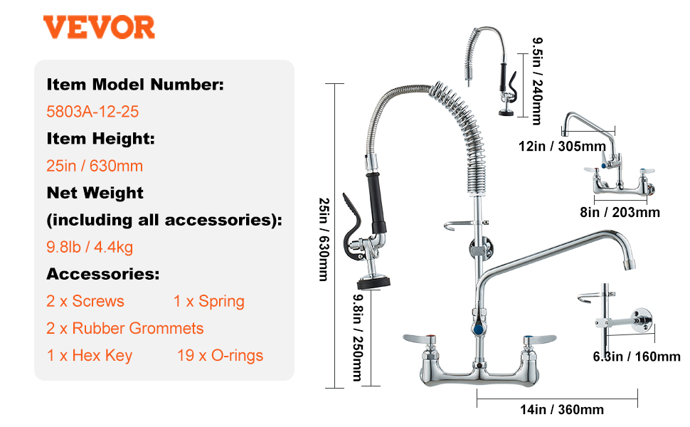 VEVOR Commercial Faucet with Pre-Rinse Sprayer, 25" Height, 8" Center ...