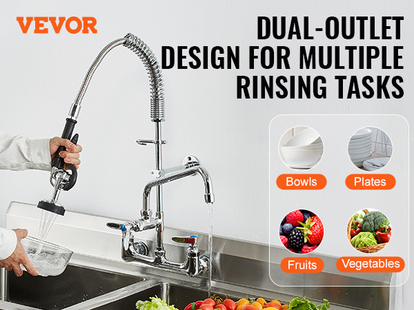 VEVOR Commercial Faucet with Pre-Rinse Sprayer, 25" Height, 8" Center ...