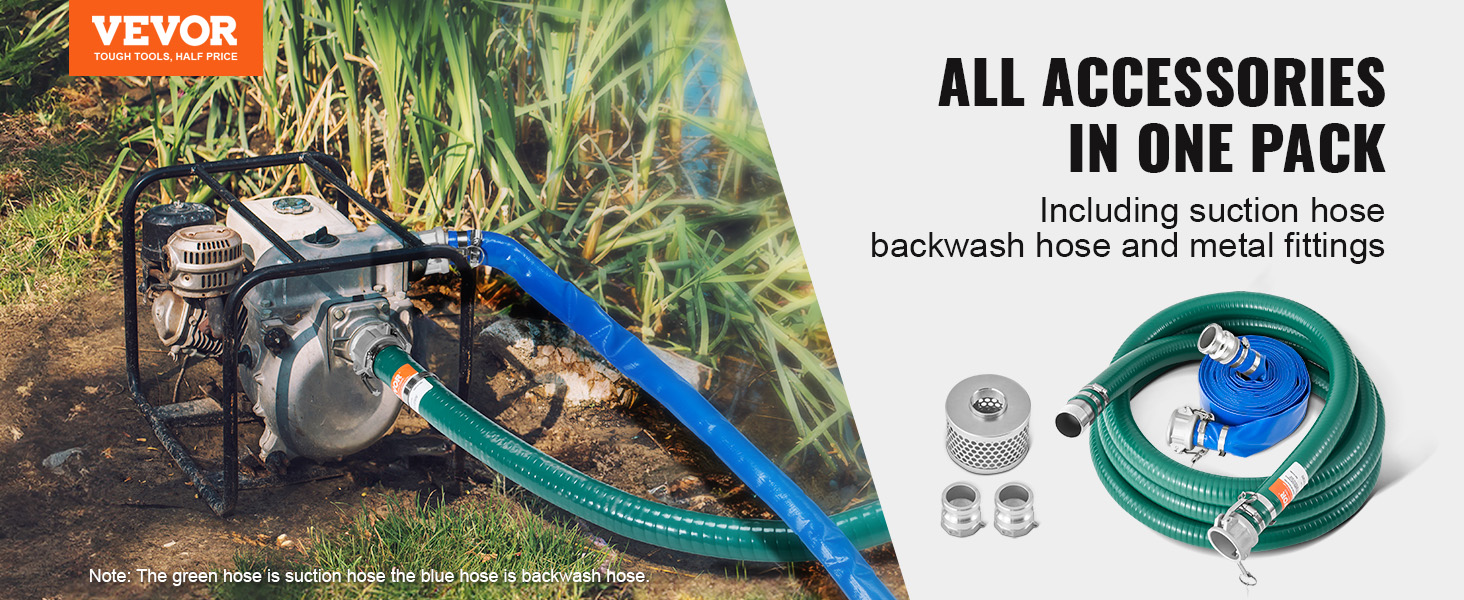 VEVOR Suction Hose Kit for Water Pump 2 in x 20 ft Green/50 ft Blue ...