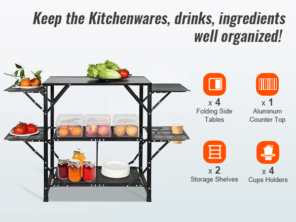 VEVOR Camping Kitchen Table, One-piece Folding Portable Cook Station ...