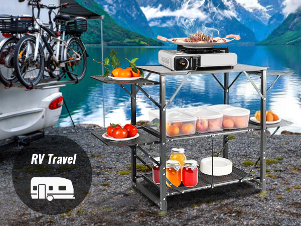 VEVOR Camping Kitchen Table, One-piece Folding Portable Cook Station ...