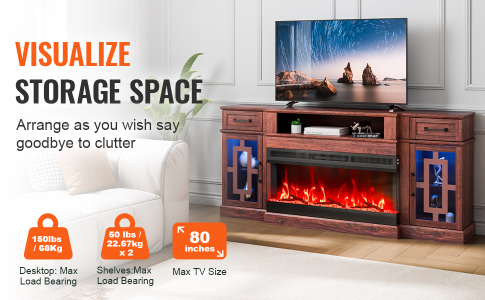 VEVOR 80" Fireplace TV Stand with 20 LED Lights Remote Control & Timer ...
