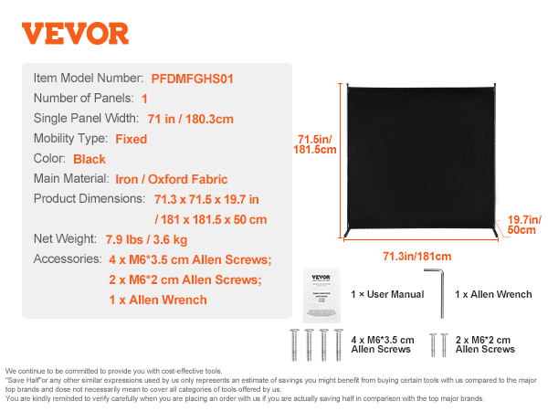 VEVOR 6FT Room Divider Single Panel Fabric Room Screen for Office ...