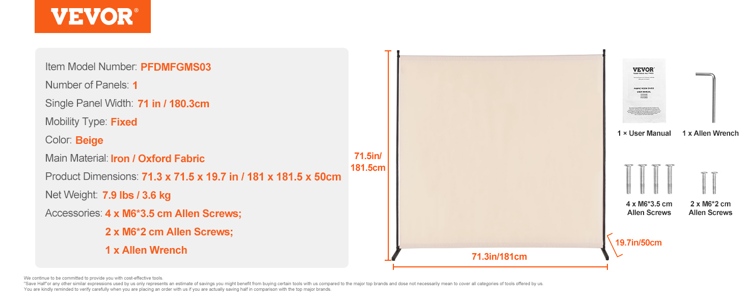 VEVOR 6FT Room Divider Single Panel Fabric Room Screen for Office ...