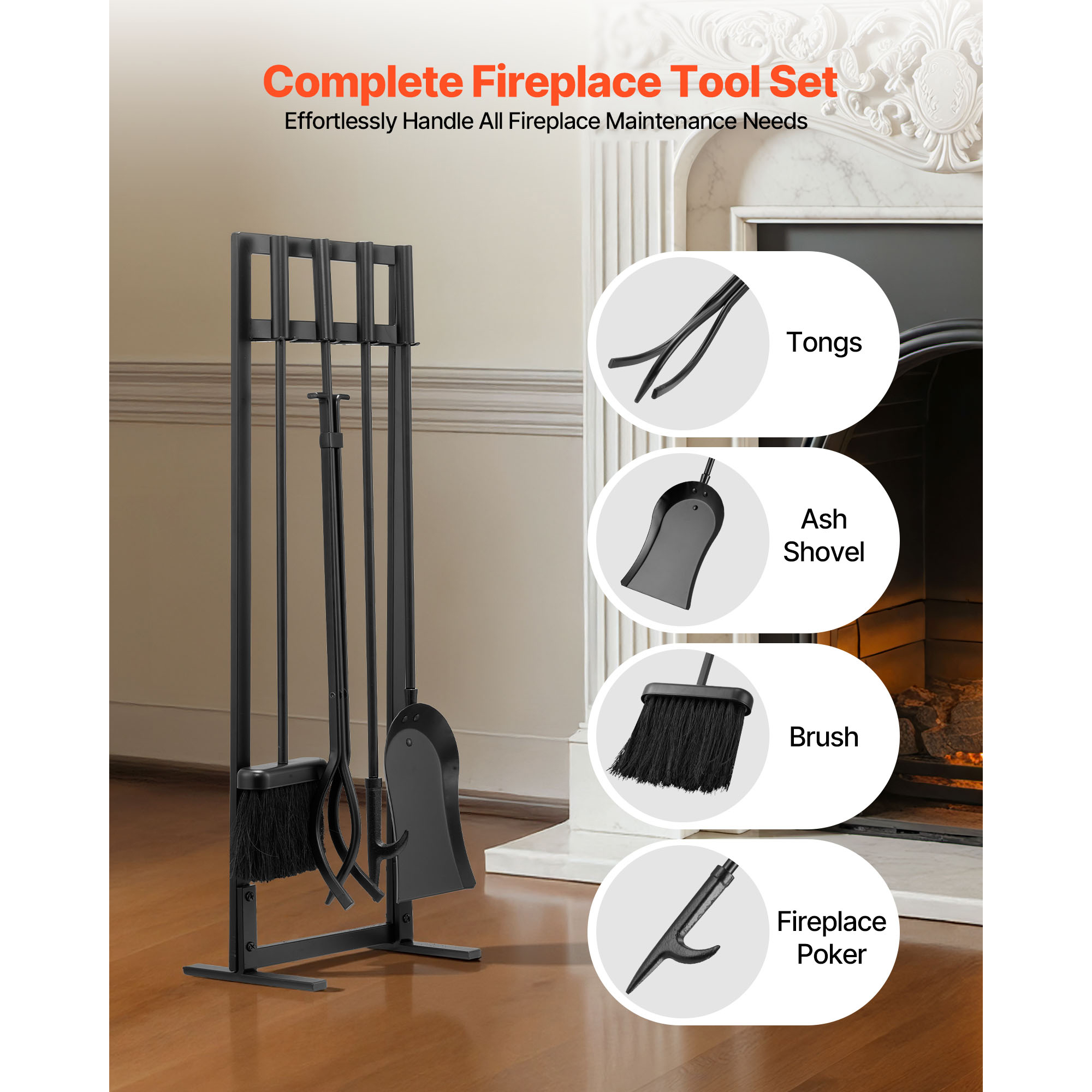 Mophorn 5-Piece Fireplace Tool Set with Square Stand, Includes Tongs ...