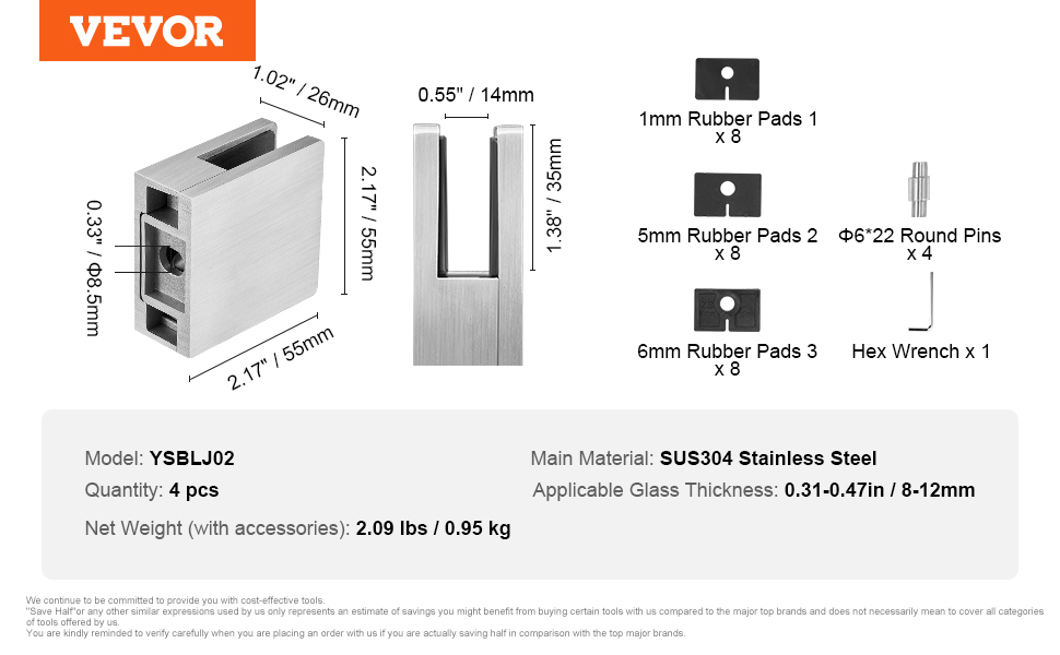 VEVOR Glass Clamp, 4 PCS Square Glass Railing Bracket for 0.31 "-0.47 ...